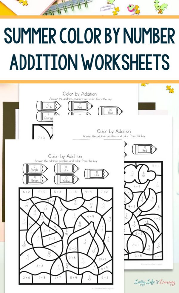Summer Color by Number Addition Worksheets